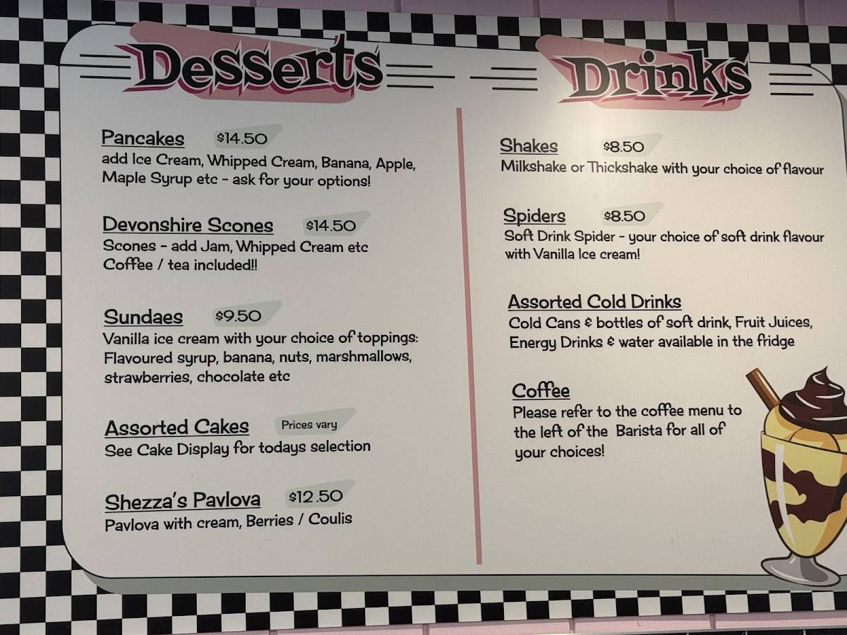 Menu at Shezza’s Diner restaurant, Ballan
