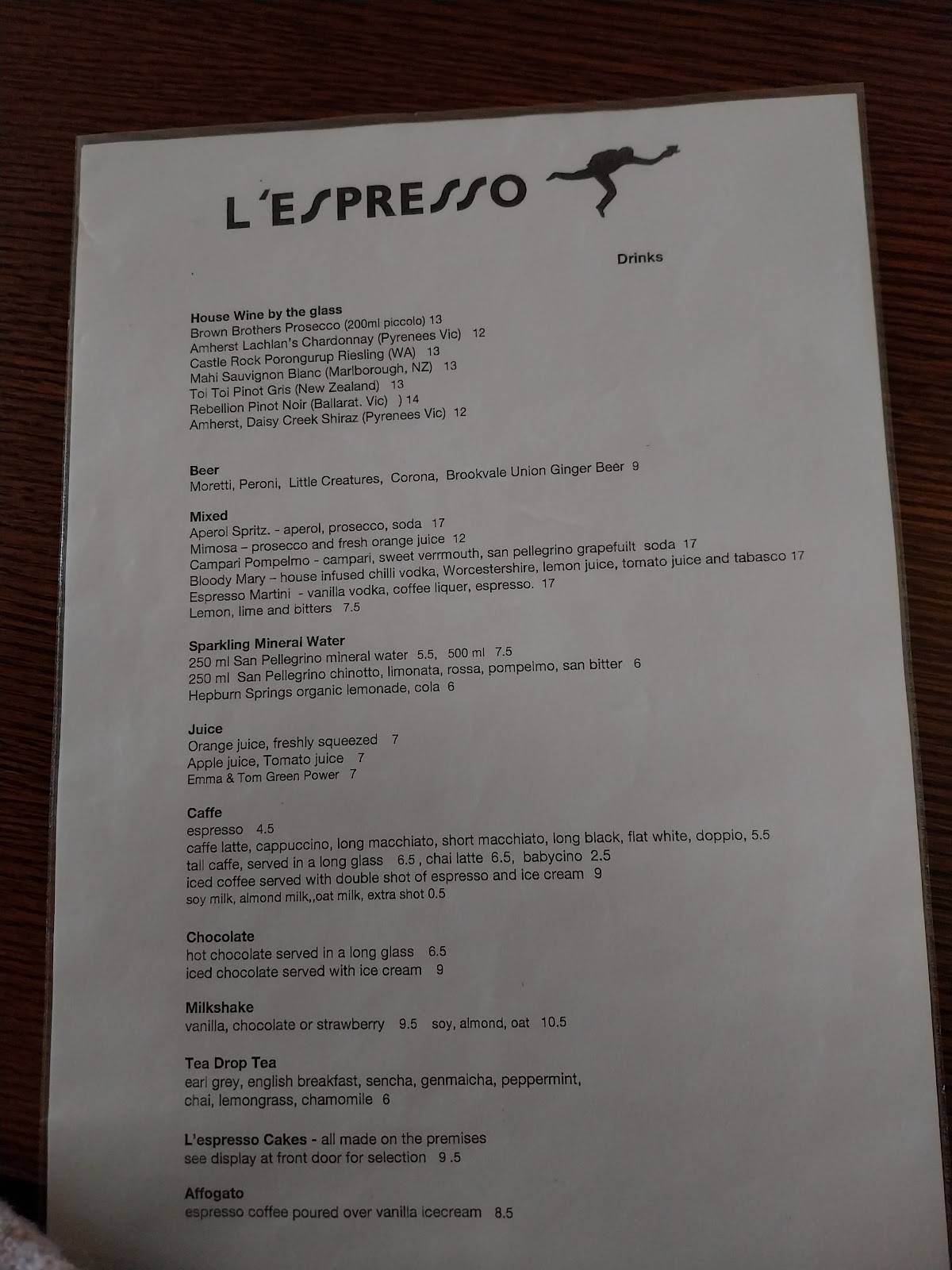 Menu at L'espresso cafe, Ballarat Central