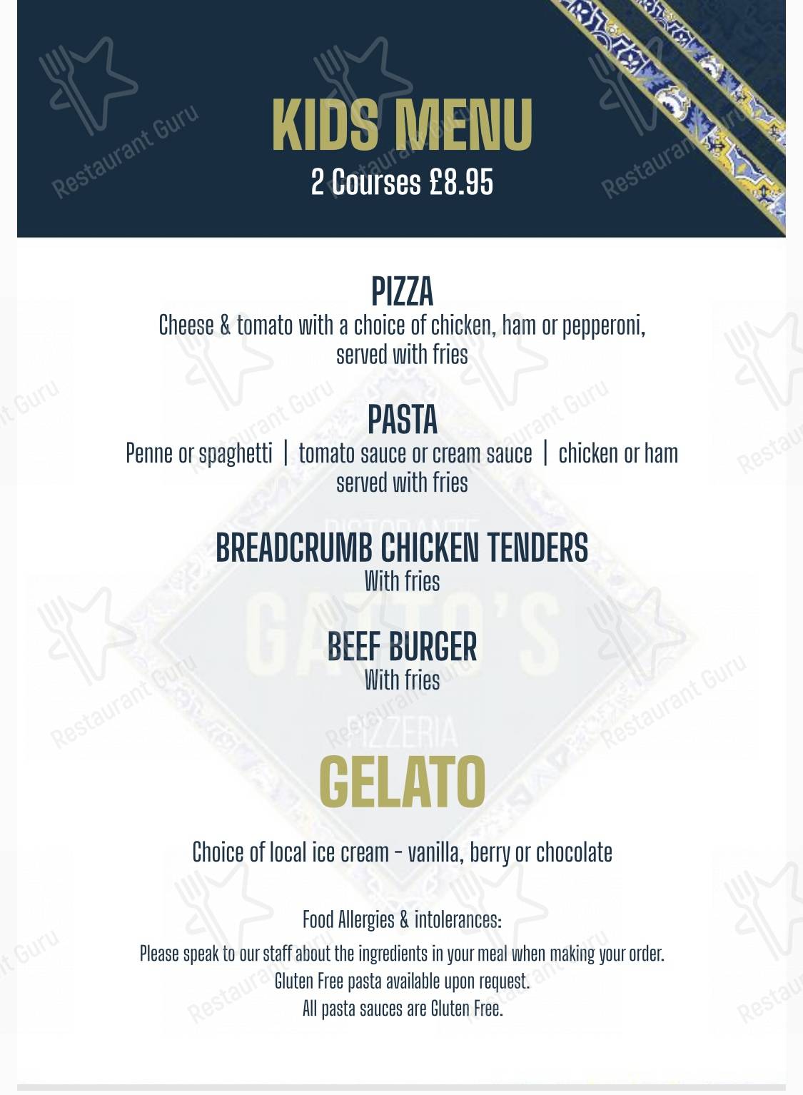 Menu at Gattos restaurant, Ballymena
