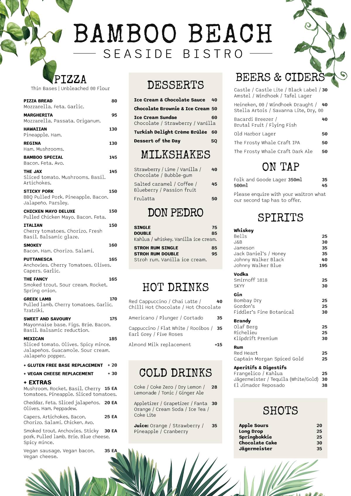 Menu at Bamboo Beach Restaurant, Sandbaai