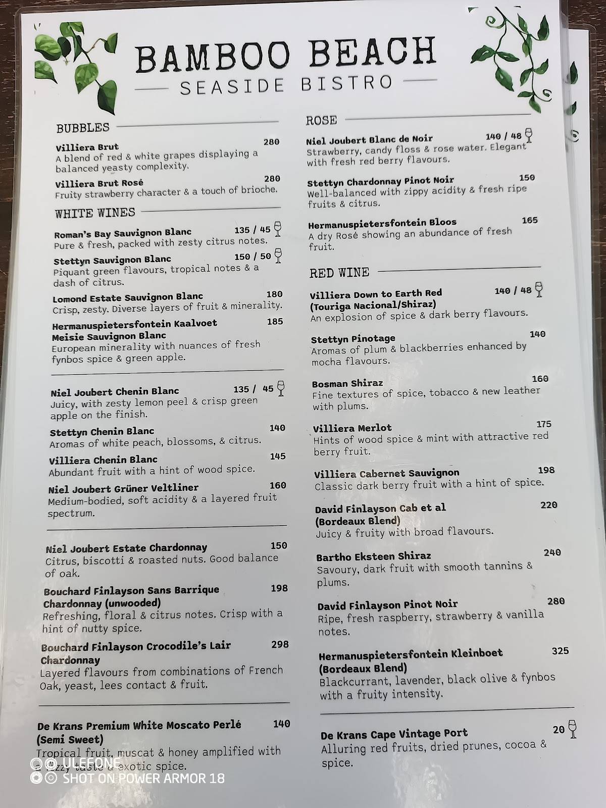 Menu at Bamboo Beach Restaurant, Sandbaai