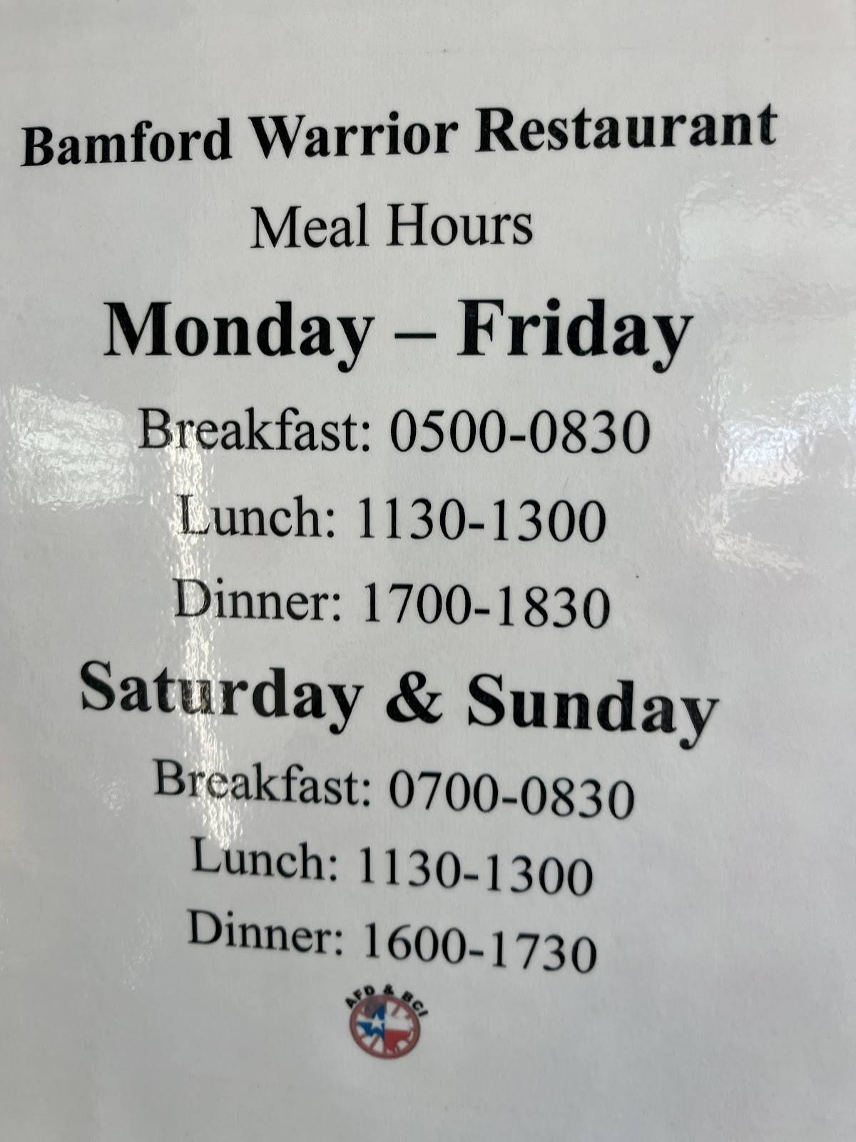 Menu at Bamford Warrior Restaurant (DFAC), Fort Bliss, 906 Chaffee Rd