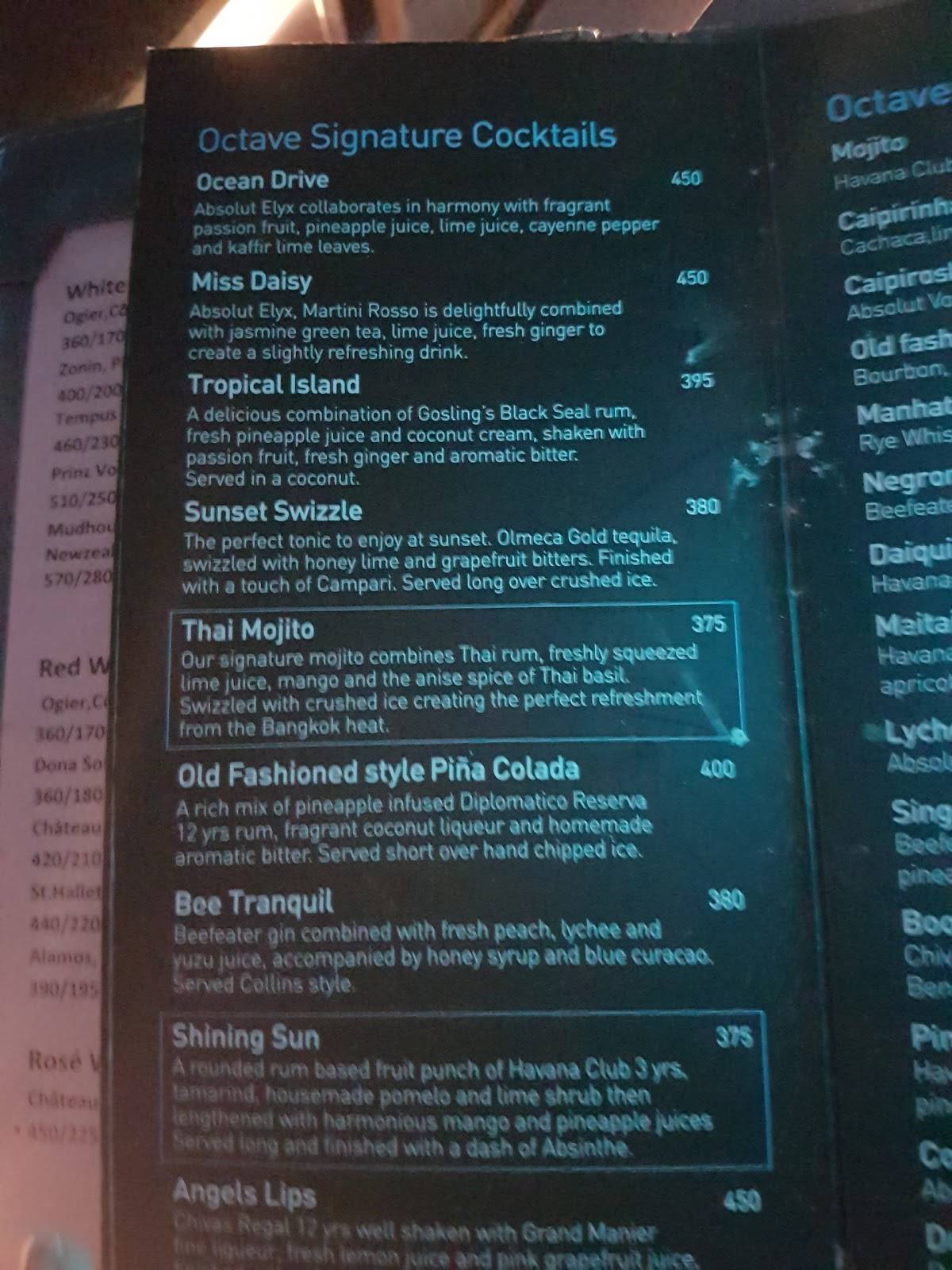 Menu at Octave Rooftop Lounge & Bar, Bangkok