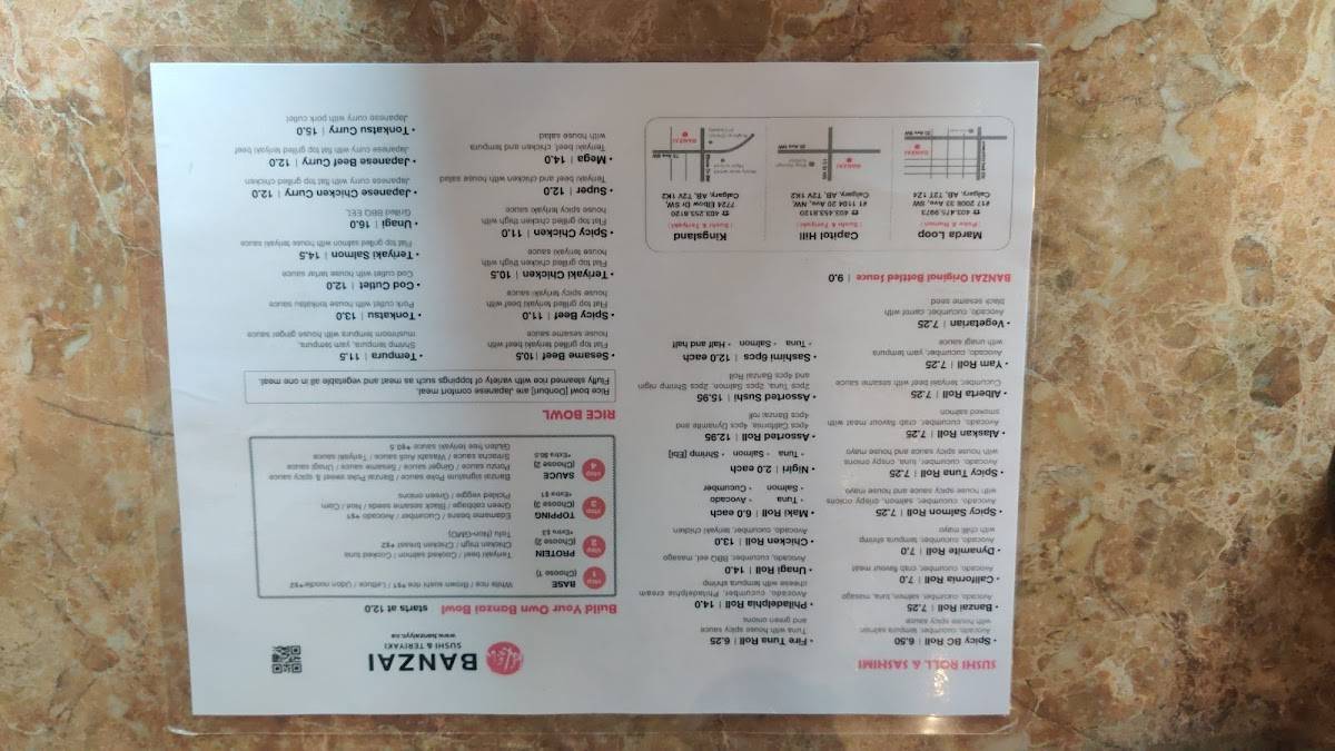Carta del restaurante Banzai Poke & Ramen, Calgary