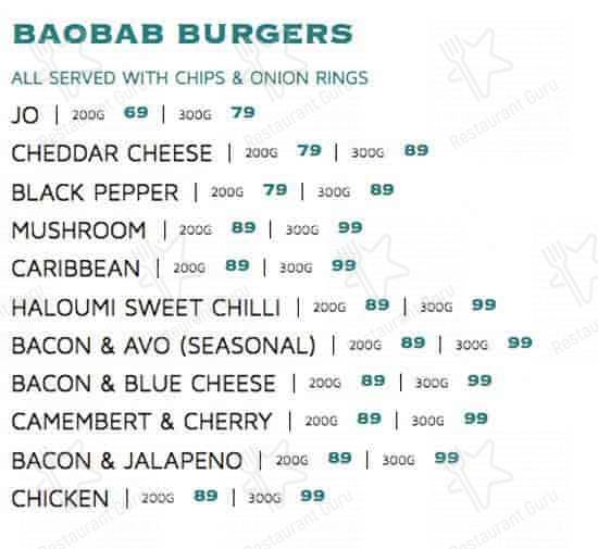 Menu at Baobab Café & Grill Wonderboom Junction cafe, Pretoria, Shop G01