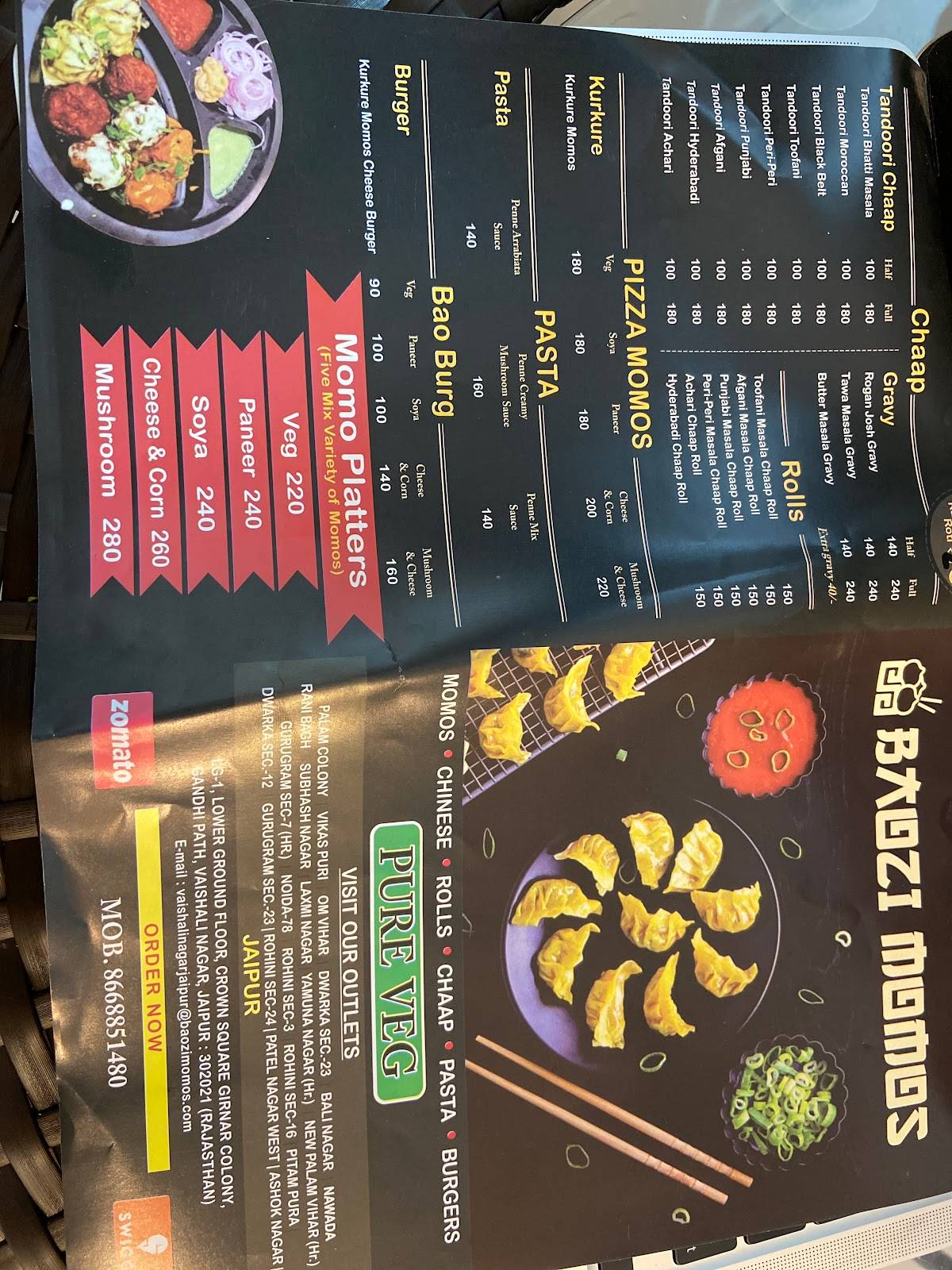 Menu at Baozi Momos, Jaipur
