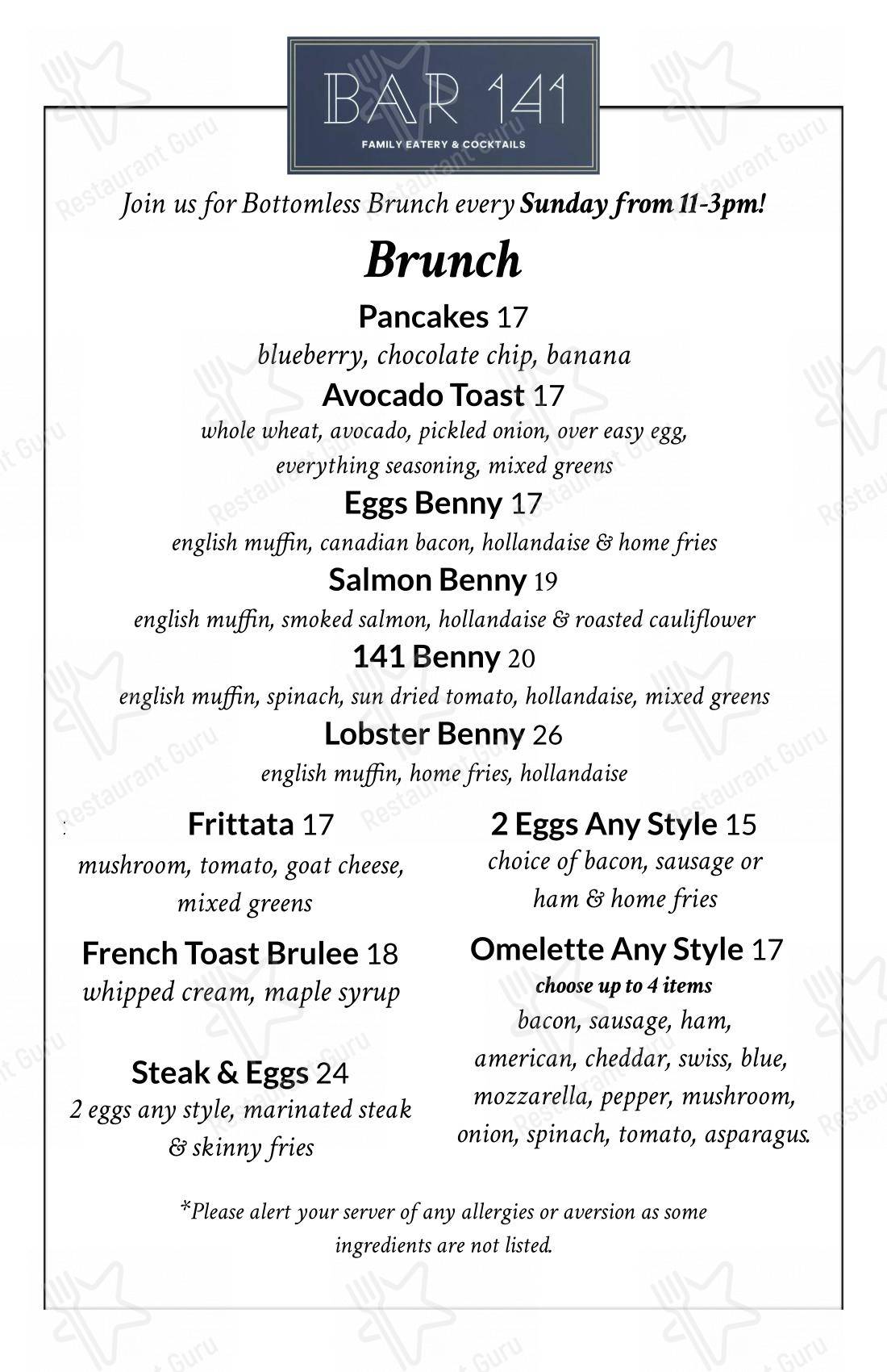 Menu at Bar 141, Thornwood