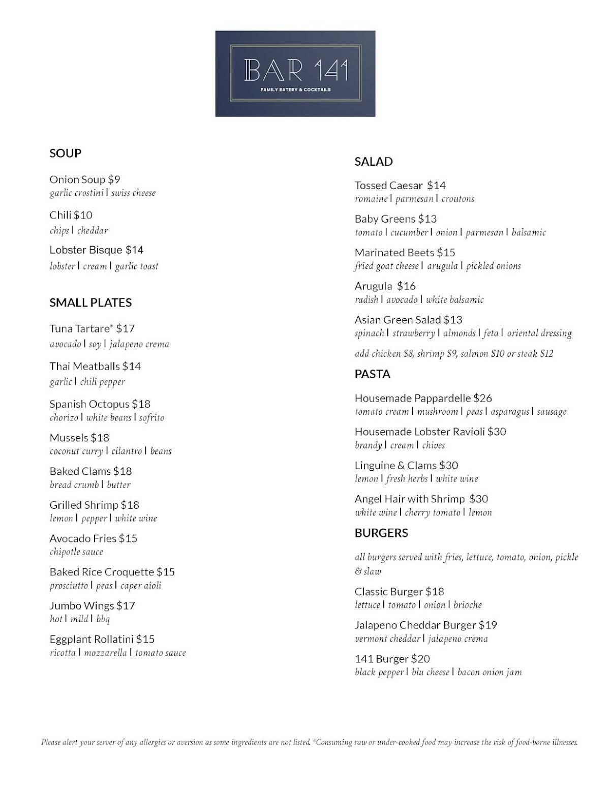 Menu at Bar 141, Thornwood