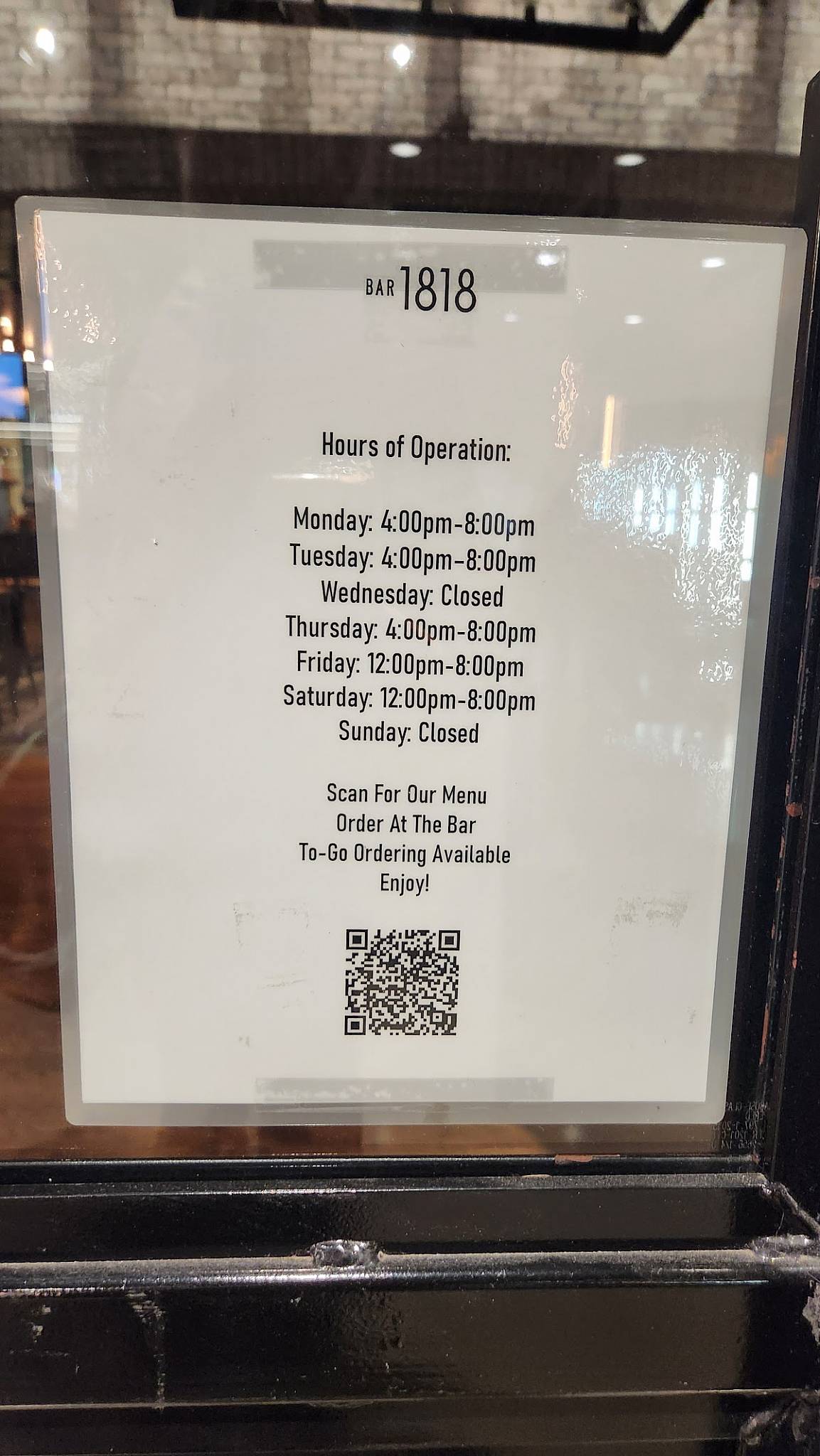 Menu at Bar 1818, Amherst