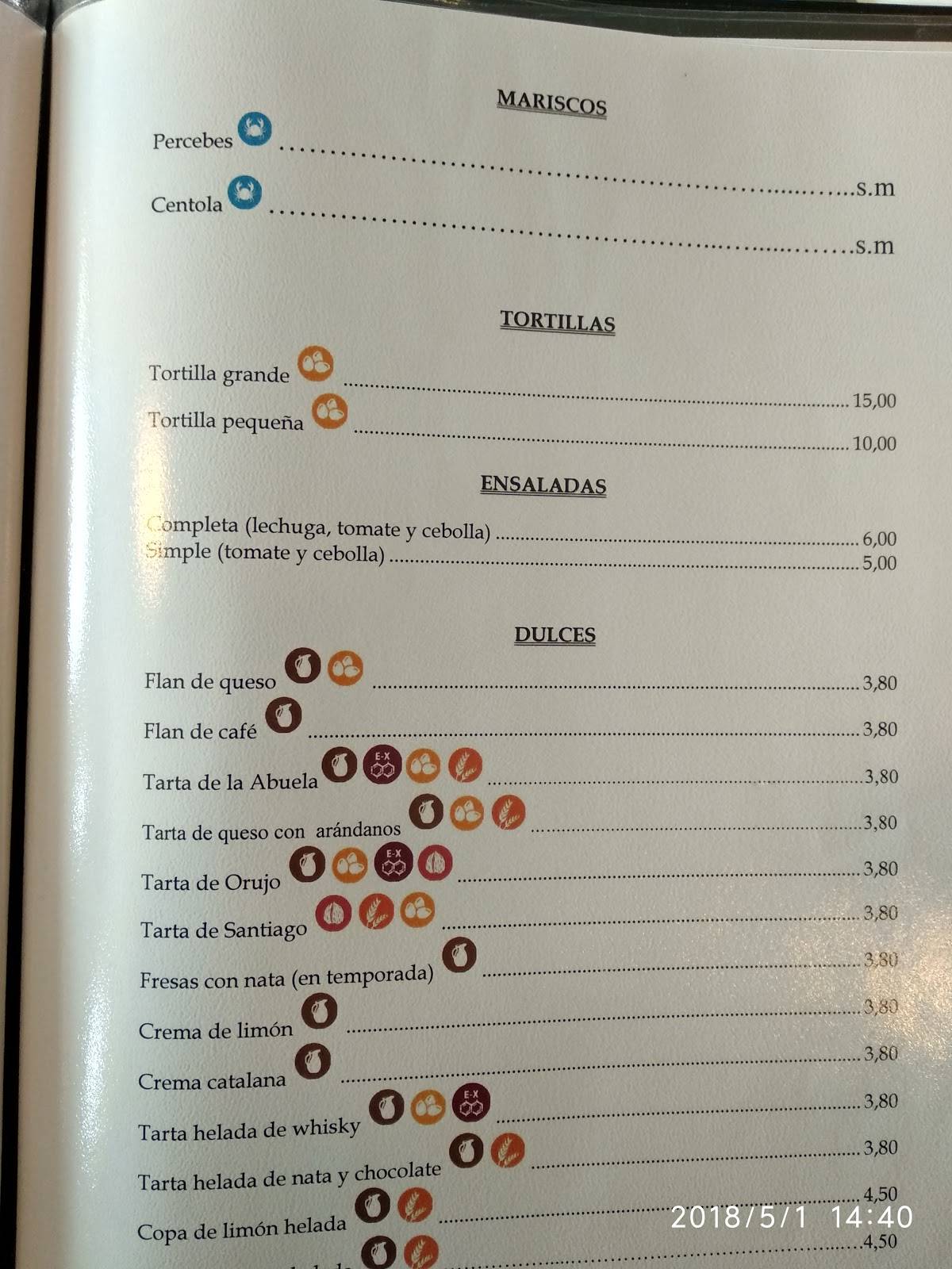 Carta de Bar A Ría, As Grelas