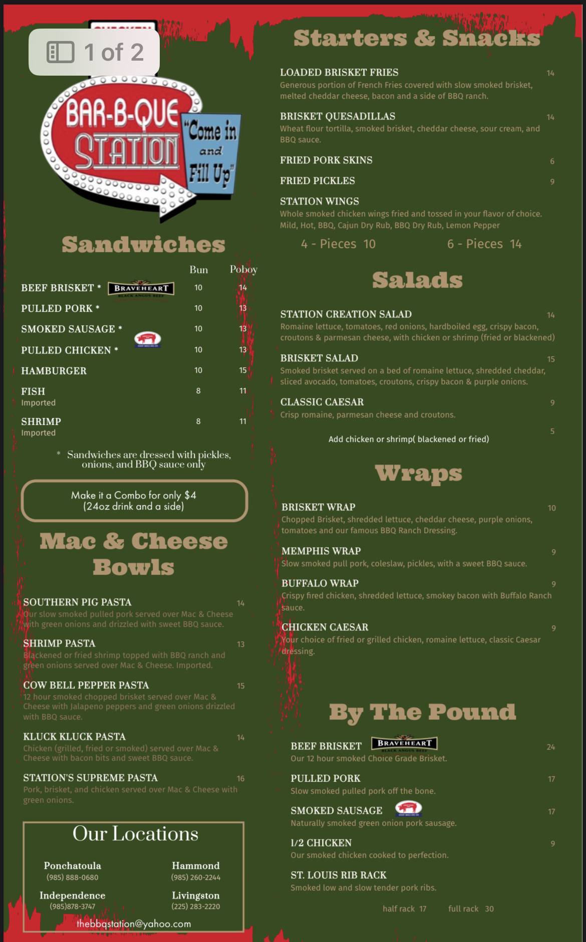 Menu at Bar-B-Que Station #2 Hammond, Hammond