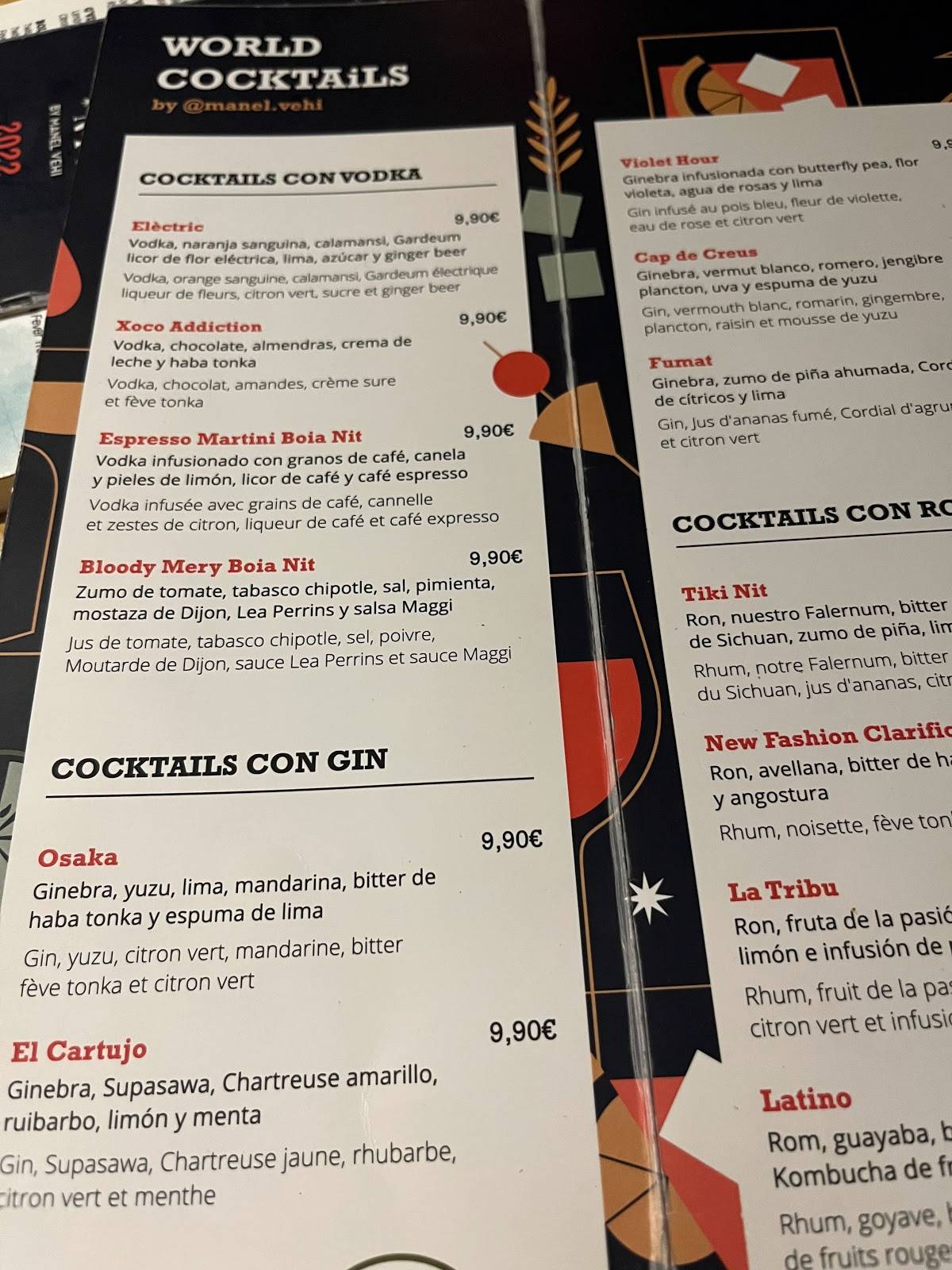 Carta del pub y bar Coctelería Boia Nit, Cadaqués, Cadaqués