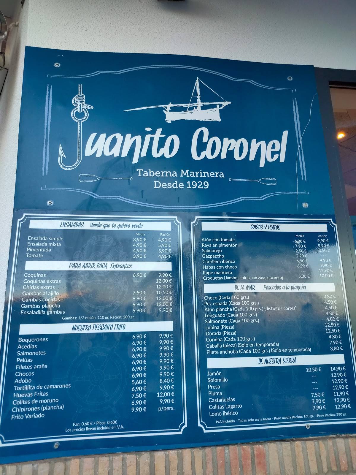 Carta de Bar Juanito Coronel, Punta Umbría, C. Virgen de Montemayor
