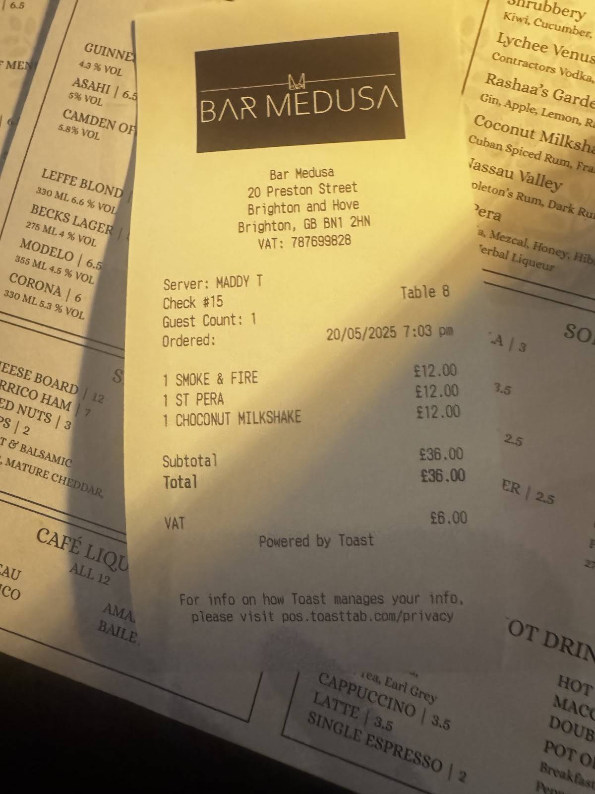 Menu at Bar Medusa, Brighton