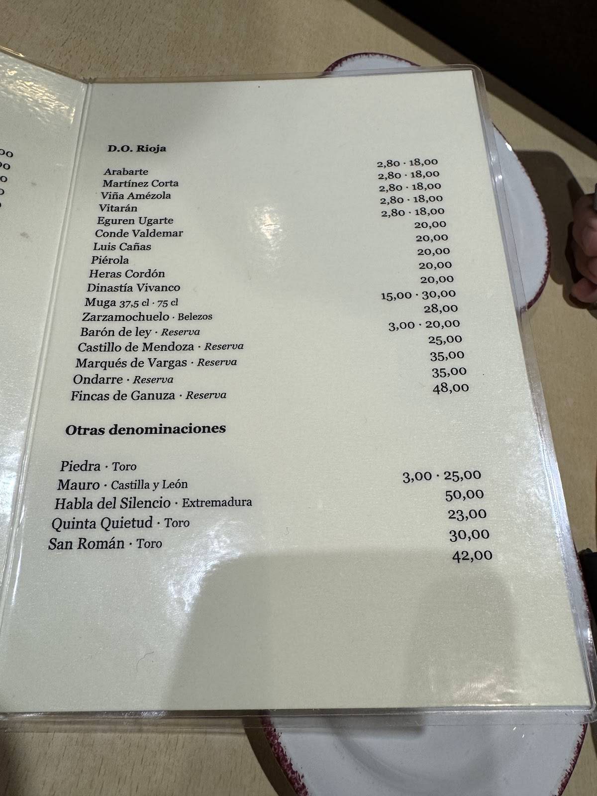 Menu at Bar Nestor, San Sebastián, Arrandegi Kalea
