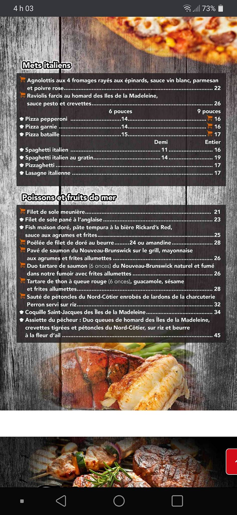 Menu au Restaurant Chez Mario Tremblay, Alma