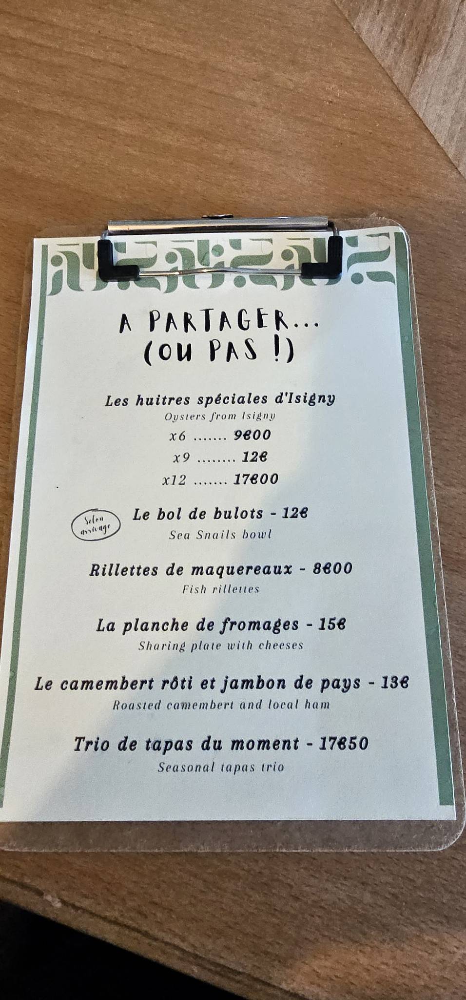 Menu au Bar de la Plage, Grandcamp-Maisy, 52 Quai Henri Chéron