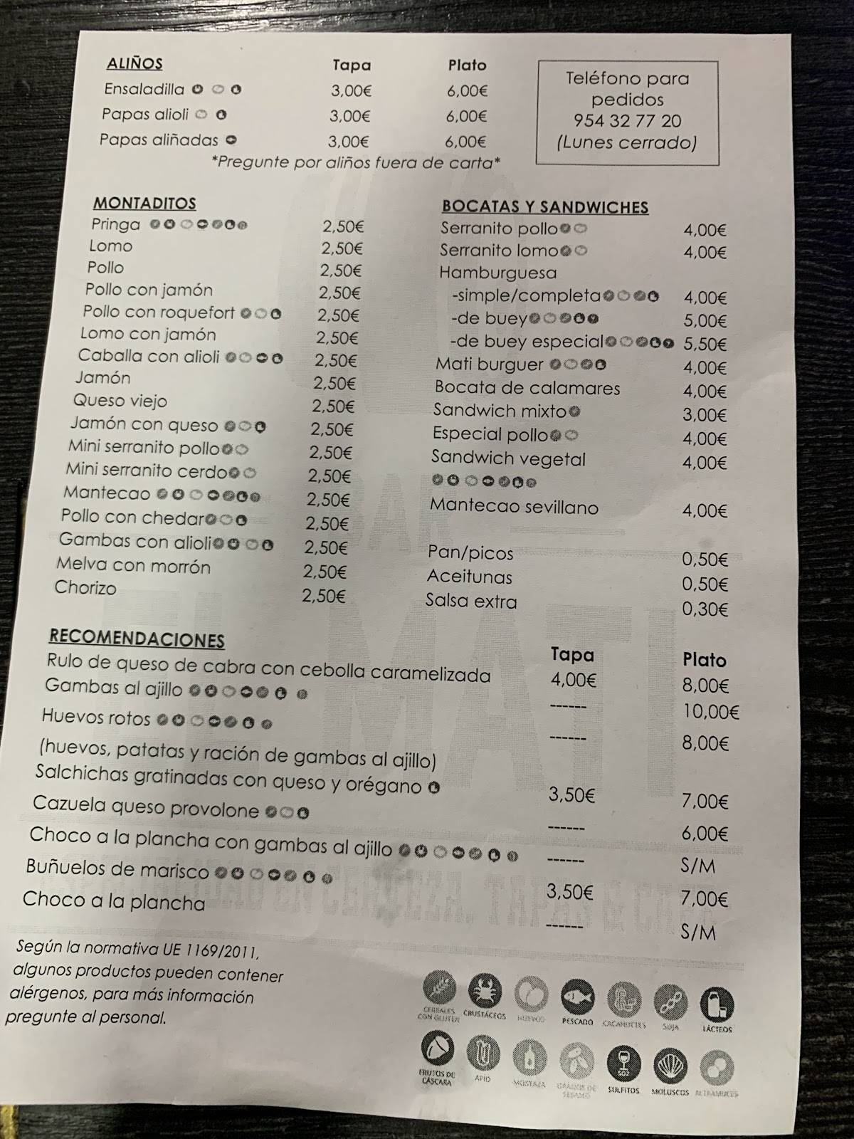 Carta de Bar el mati, El Viso del Alcor