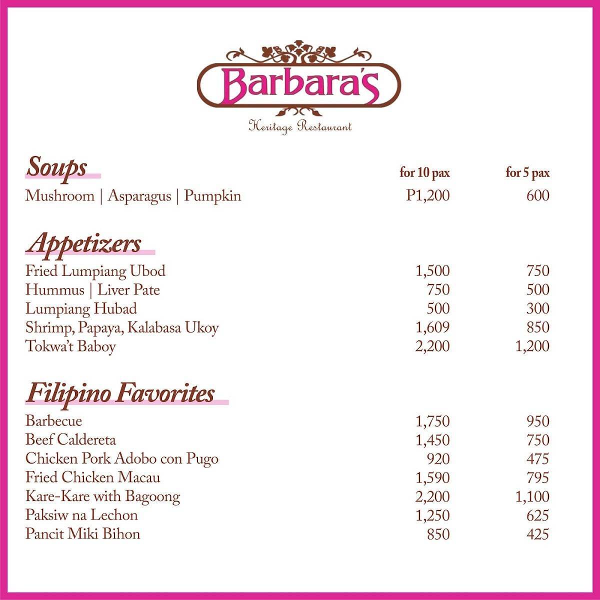 Menu at Barbara's Heritage Restaurant, Manila, Plaza San Luis Complex