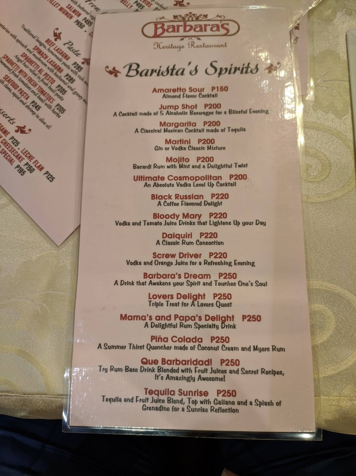 Menu at Barbara's Heritage Restaurant, Manila, Plaza San Luis Complex