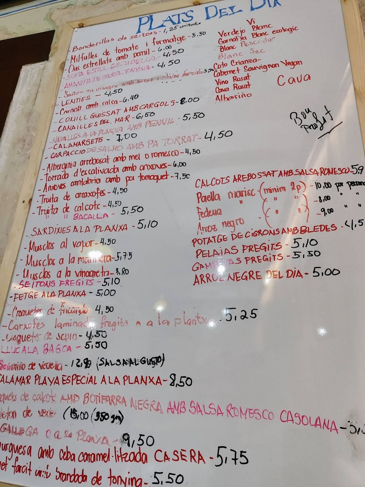 Carta del restaurante Bo del Bernat, Barcelona