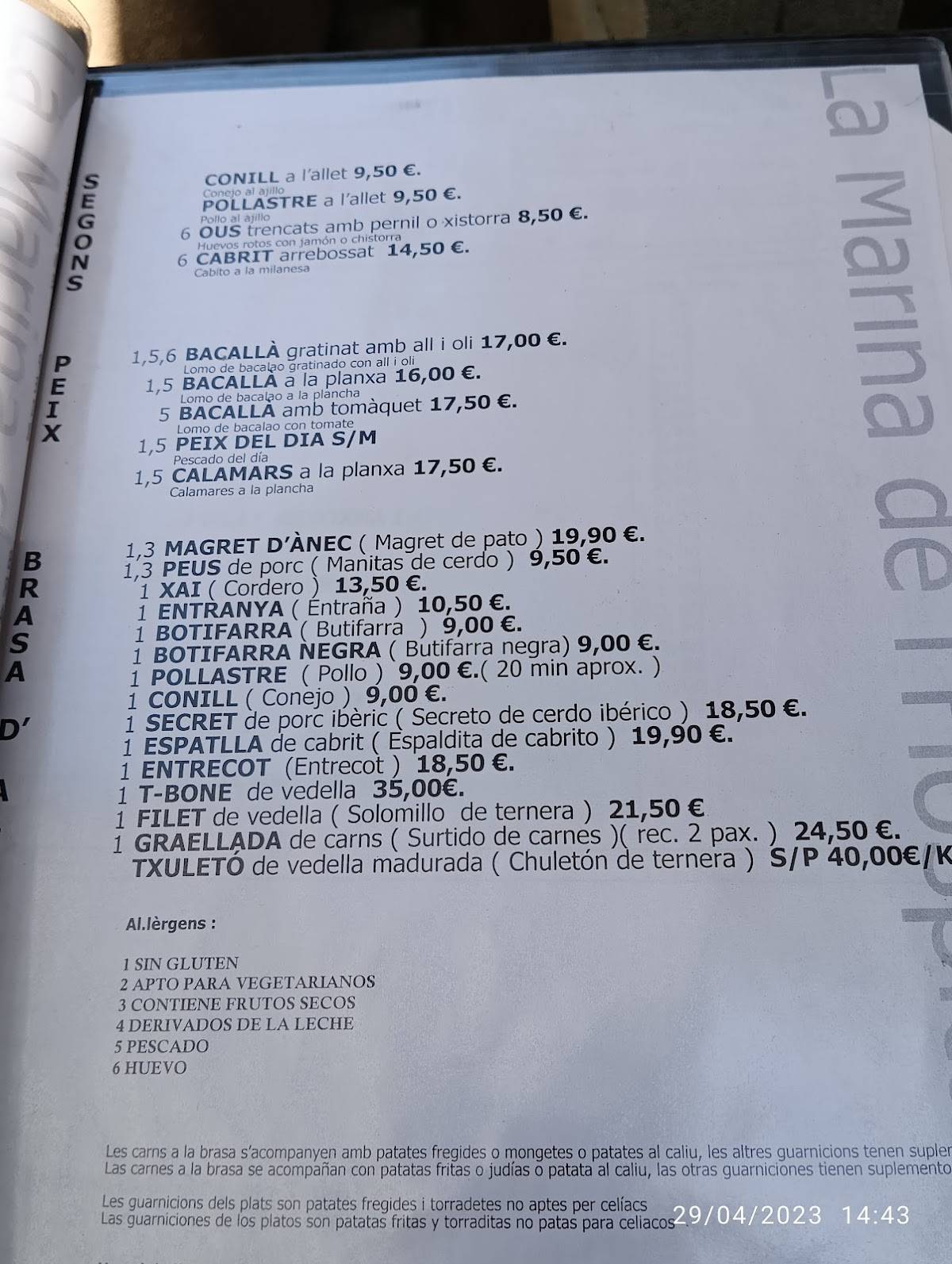 Carta del pub y bar La Marina del l'Hospitalet, Hospitalet del ...