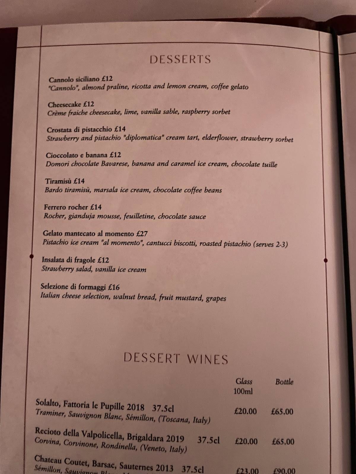 Menu at Bardo St James's, London