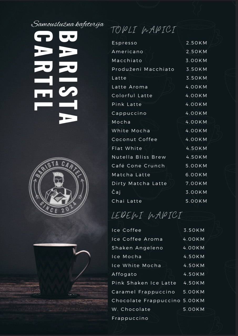 Menu at Barista Cartel, Tuzla