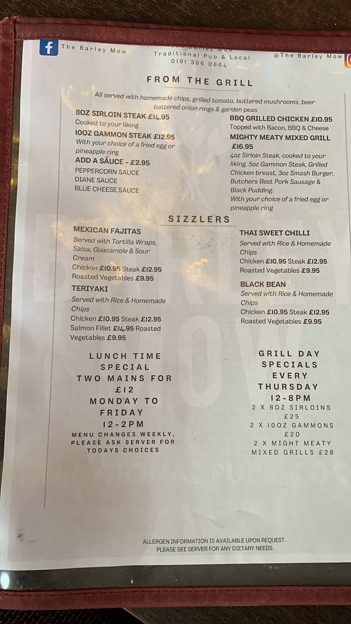 Menu at Barley Mow Inn, Chester-le-Street, Durham Rd