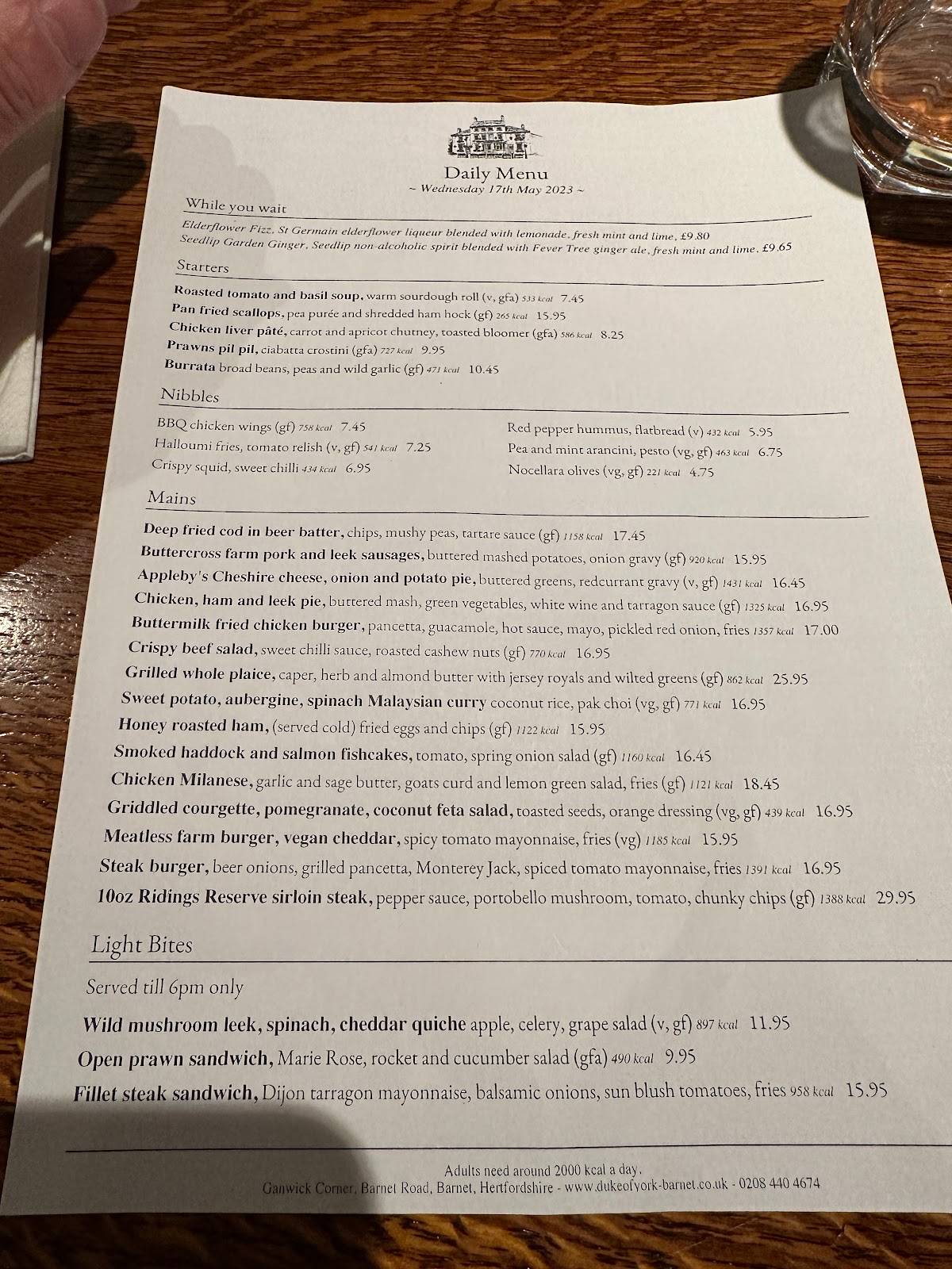 Menu at The Duke of York pub & bar, Barnet, Barnet Rd