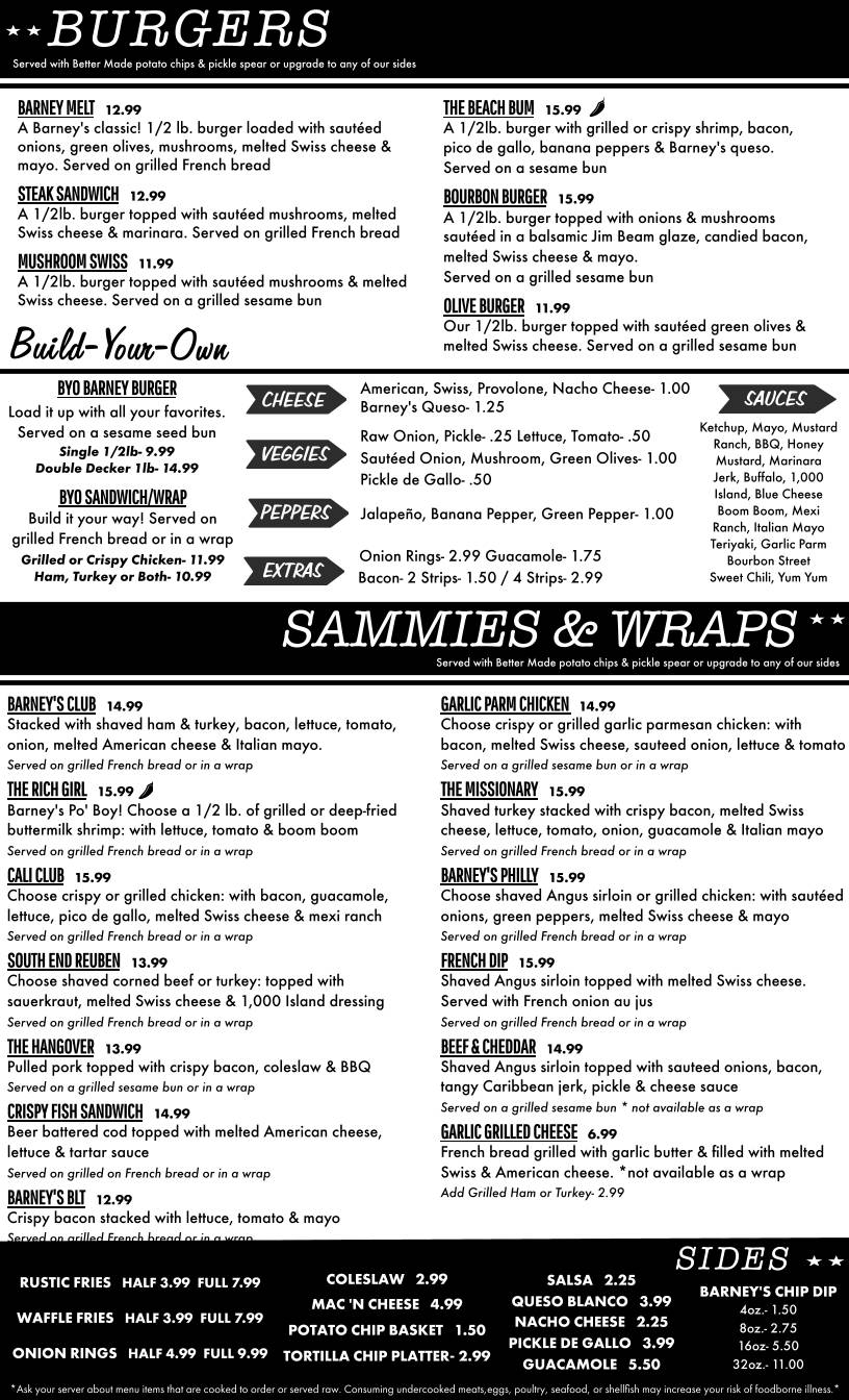 Menu at Barney's Bar & Grill, Bay City