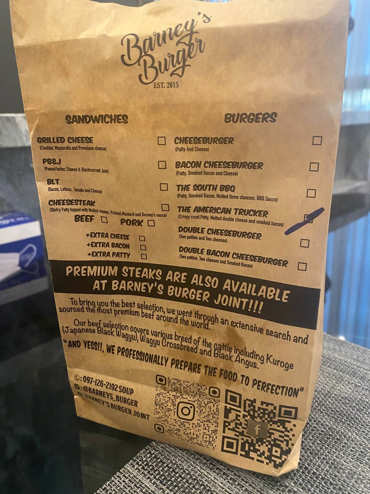 Menu at Barney's Burger Joint, Bangkok