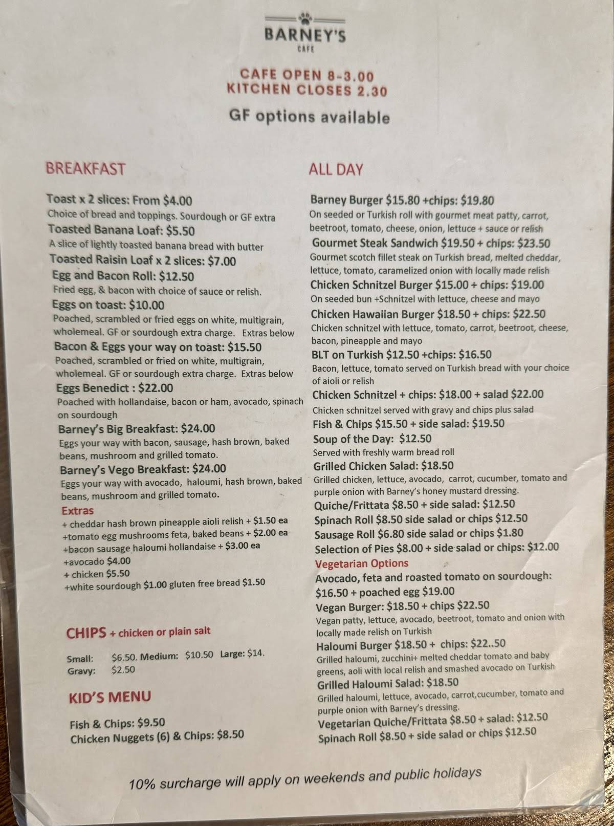 Menu at Barney's Cafe, Bookham, Bookham