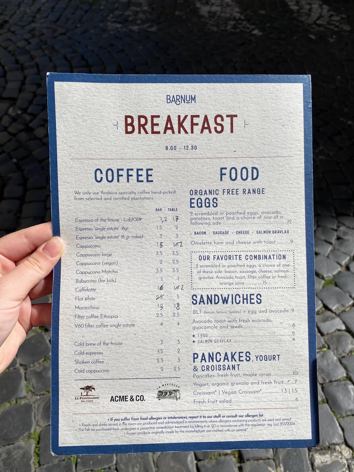 Menu at Barnum Roma, Rome