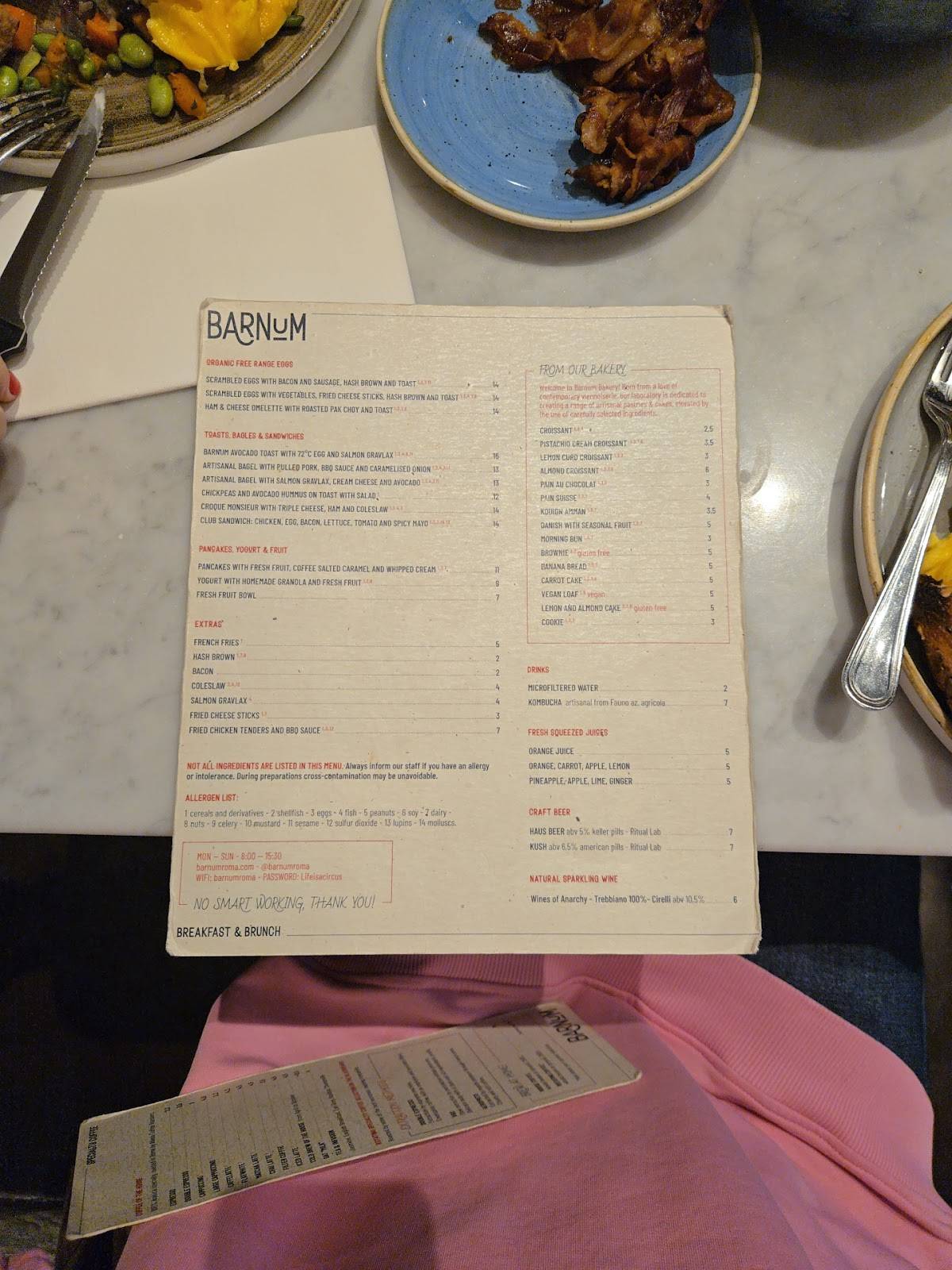Menu at Barnum Roma, Rome