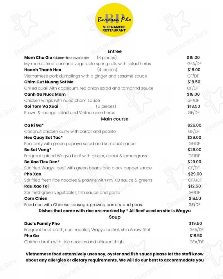 Menu at Barossa Pho, Angaston