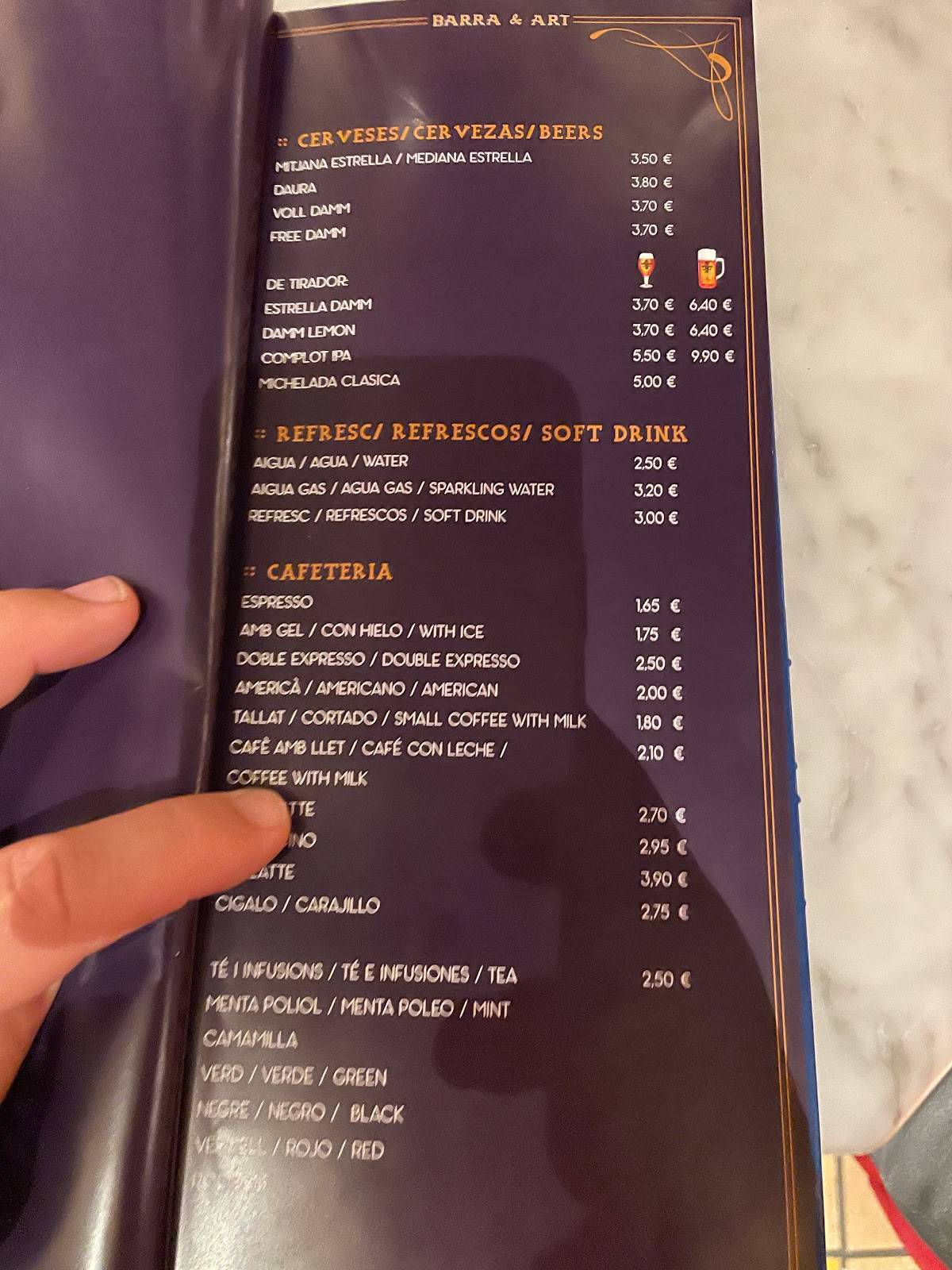 Menu at Barra & Art, Barcelona