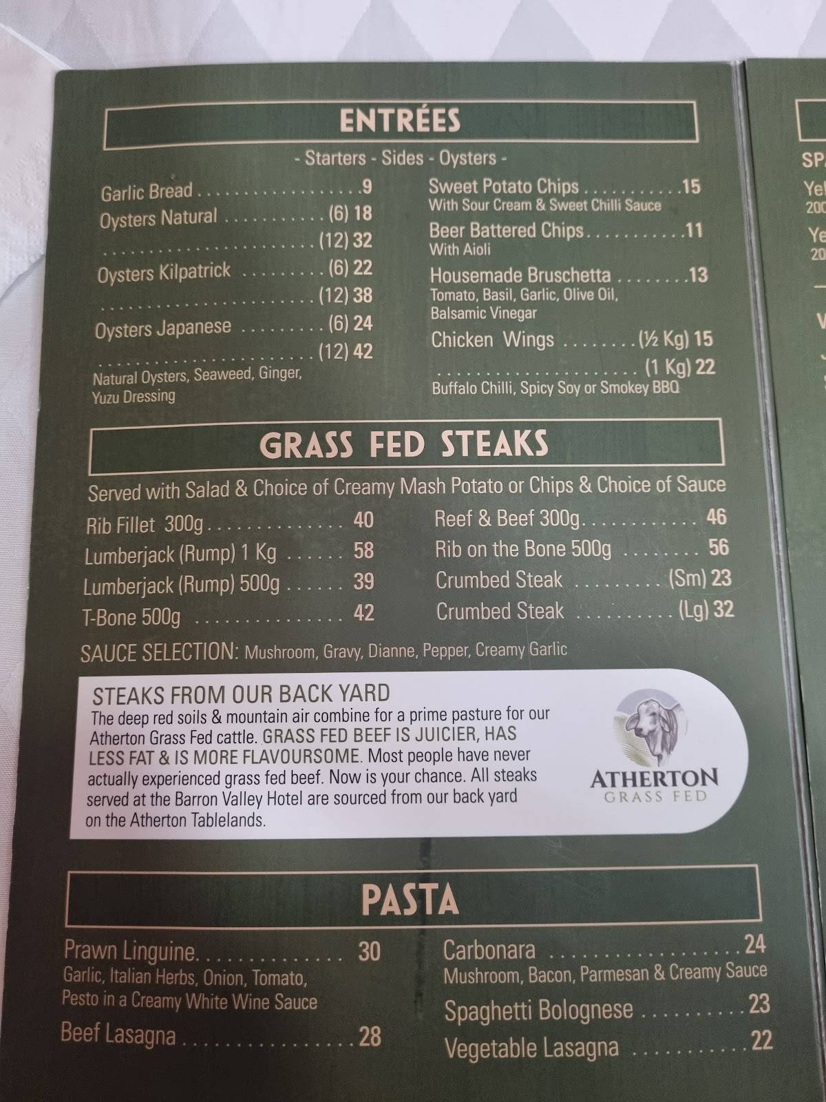 Menu at Barron Valley Hotel, Atherton