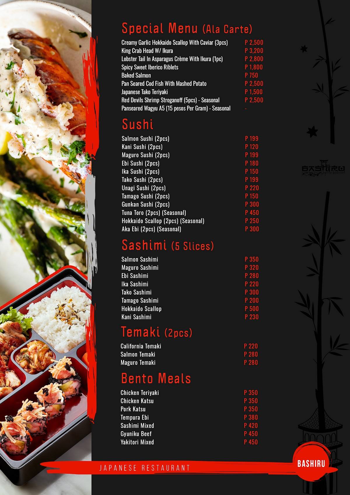 Menu at Bashiru Japanese Restaurant – Calapan, Calapan