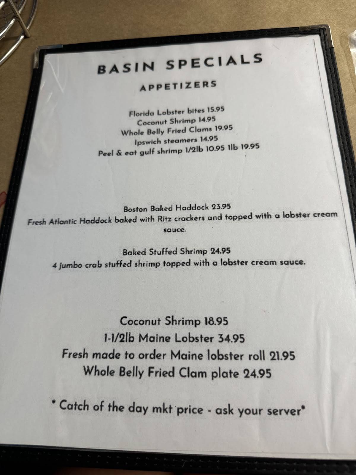 Menu at Basin Seafood Market & Kitchen restaurant, Stuart