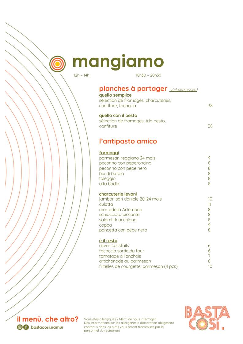 Menu au Basta Così restaurant, Namur