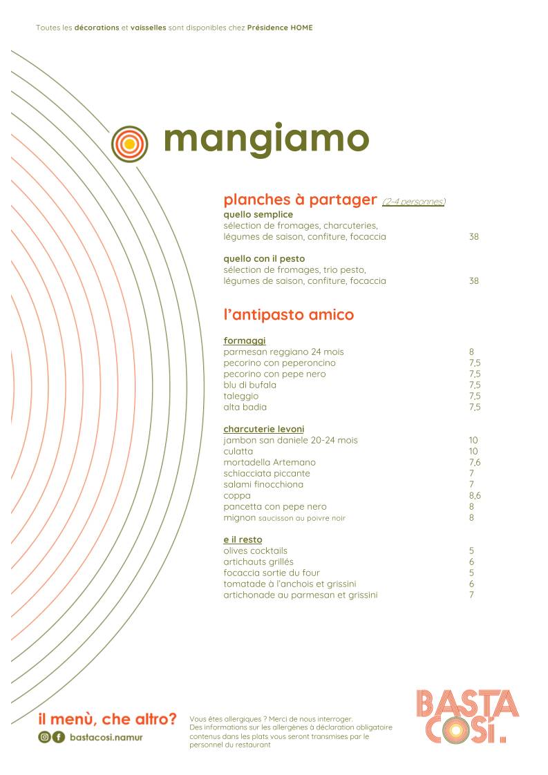 Menu au Basta Così, Namur