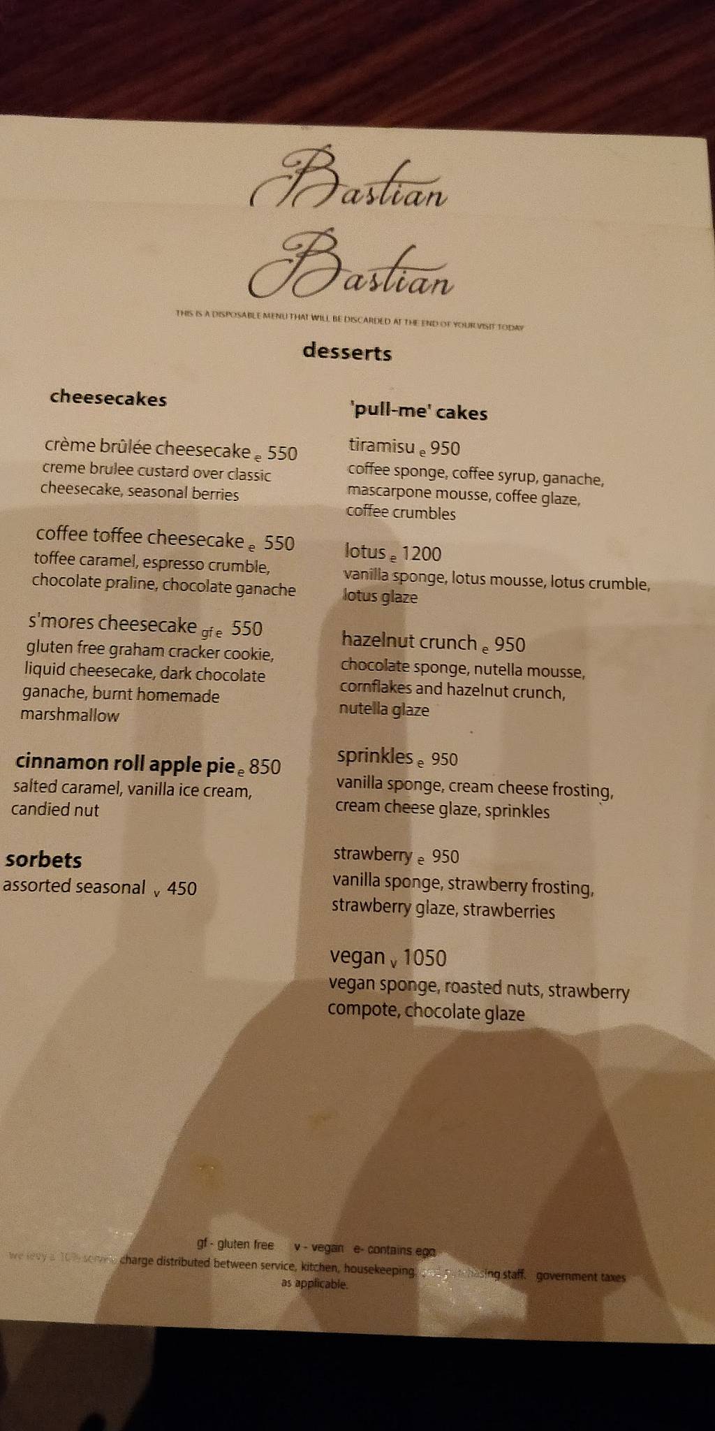 Menu at Bastian, Worli, Mumbai