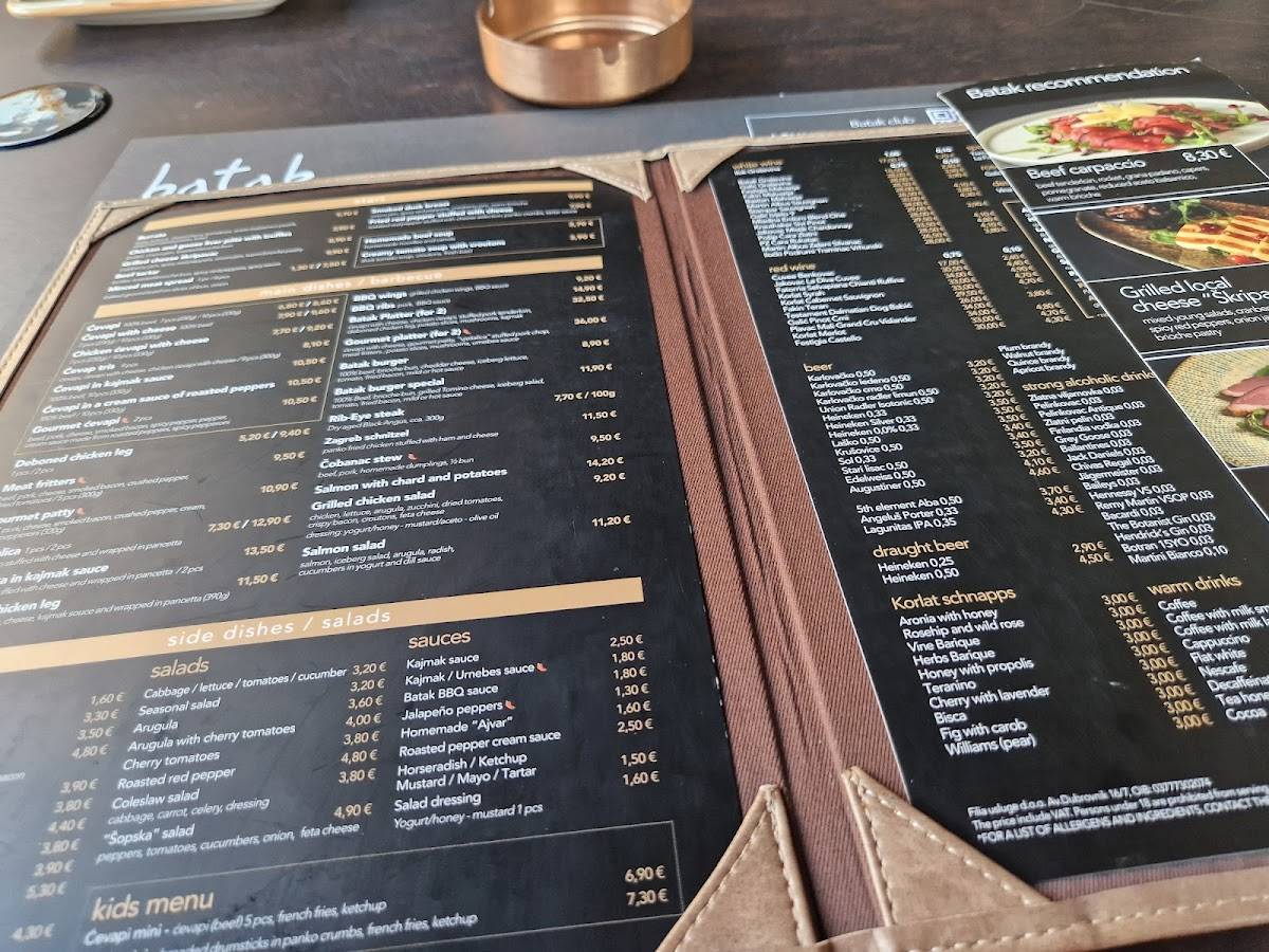 Menu at Batak Kvatrić restaurant, Zagreb, Ul. Jakova Gotovca 1
