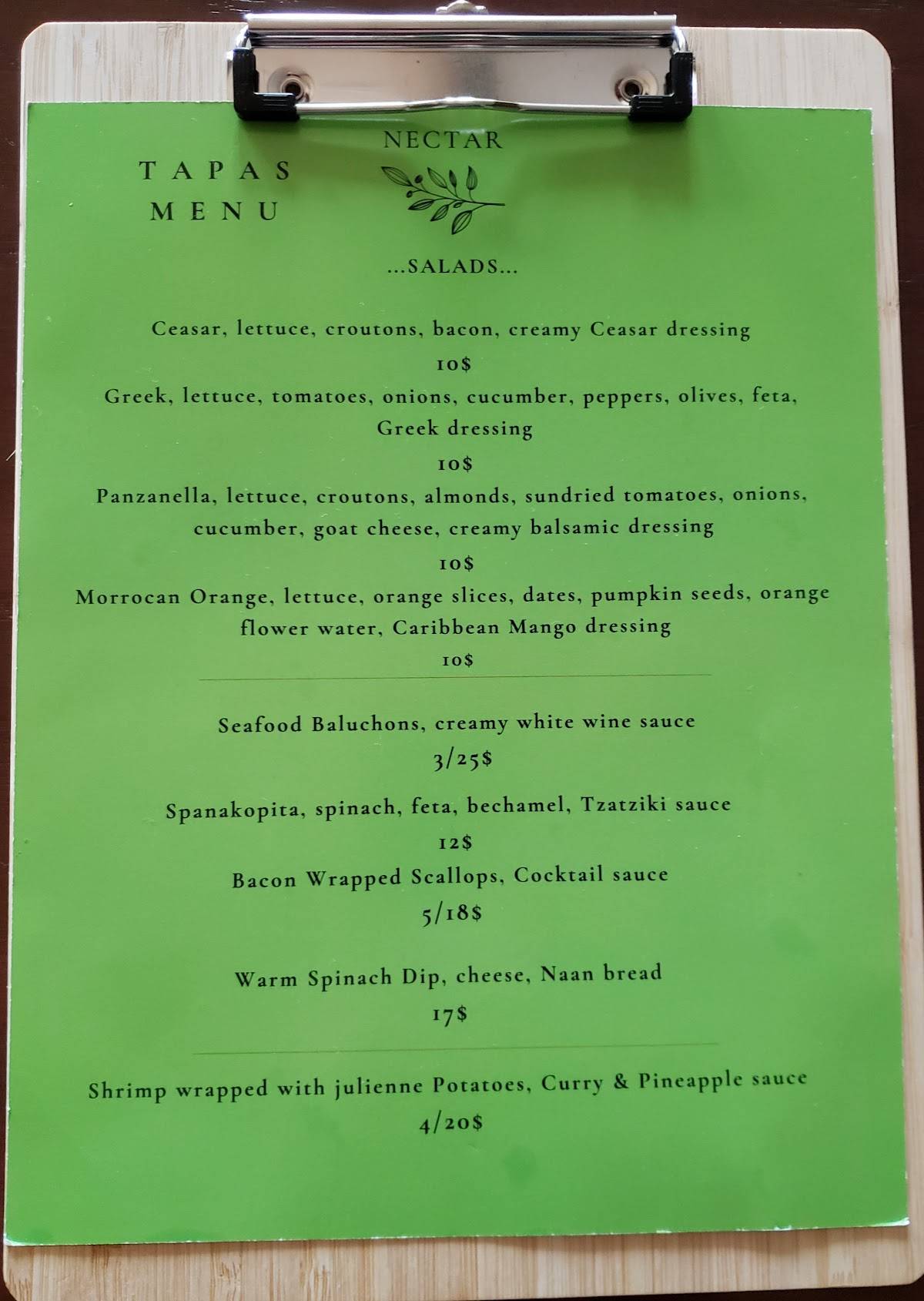 Menu at Nectar restaurant, Bathurst