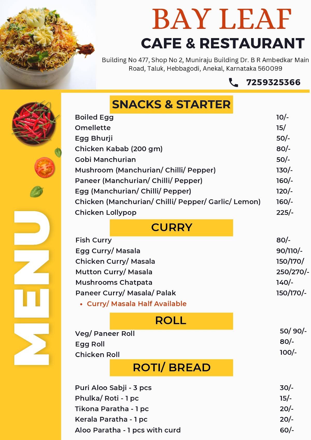 Menu at Bay Leaf Restaurant, Bengaluru