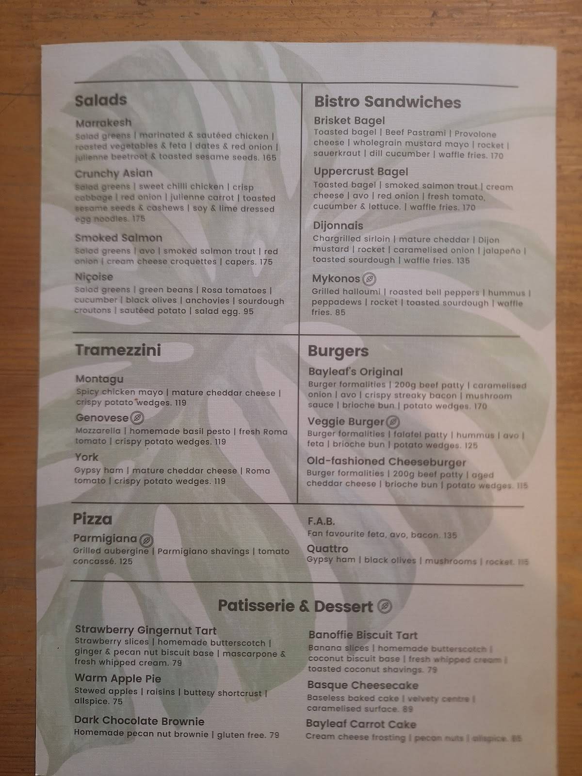Menu at Bayleaf Café restaurant, George