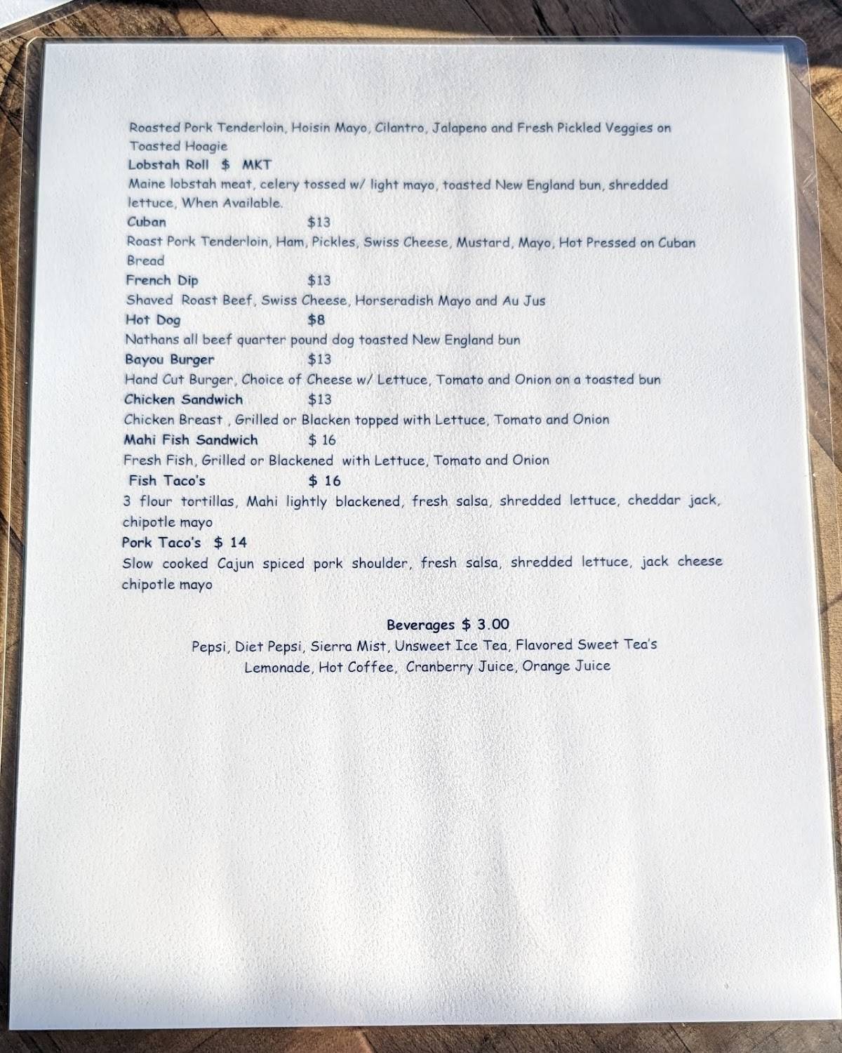 Menu at Bayou Bistro restaurant, Tarpon Springs