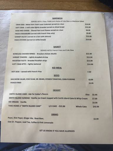Menu at Bayside Inn Restaurant, Smith Island, Smith Island Rd