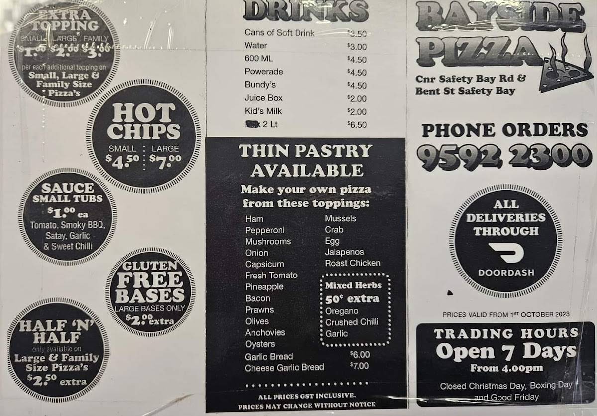 Menu at Bayside Pizza pizzeria, Safety Bay